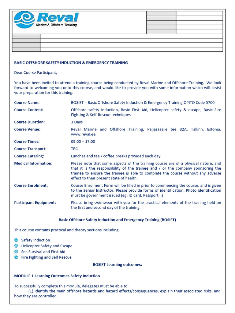 BOSIET Course Joining Instructions | PDF | Emergency | Occupational ...