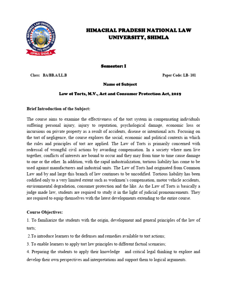Draft Syllabus of Law of Torts | PDF | Tort | Legal Concepts