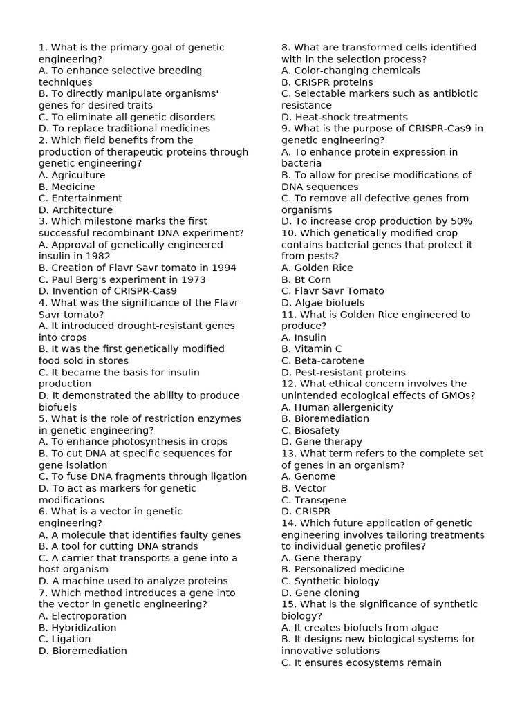 Quiz - Genetic Engineering Grade 11 | PDF | Genetic Engineering | Plasmid