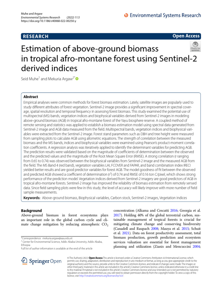 2-Seid and Mekuria - 2022 - Estimation of Above Ground Biomass Using Sentinel2-Image - ESR | PDF ...
