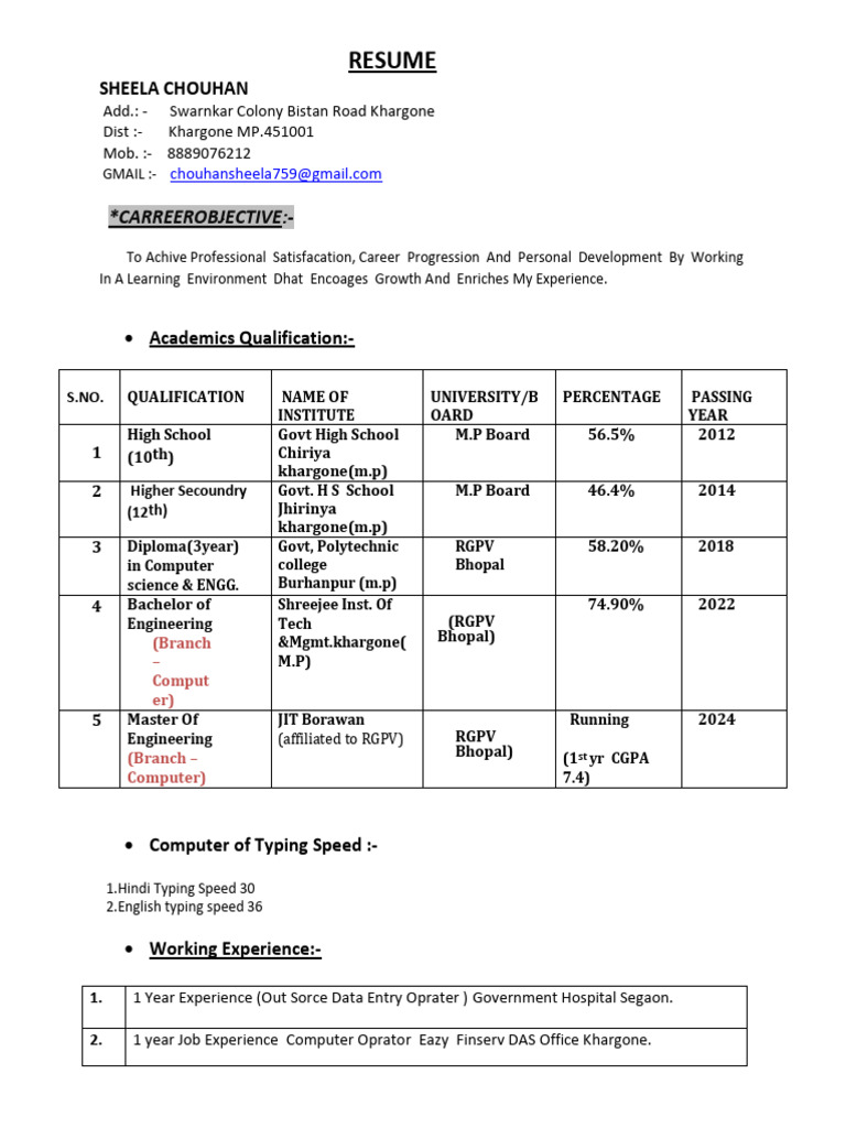 Sheela Chouhan CV | PDF | Educational Stages