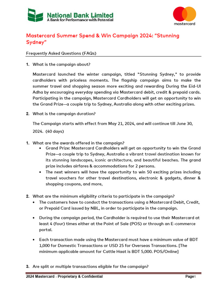 FAQ - Mastercard Summer Spend&Win Campaign 24 - 'Stunning Sydney' | PDF ...