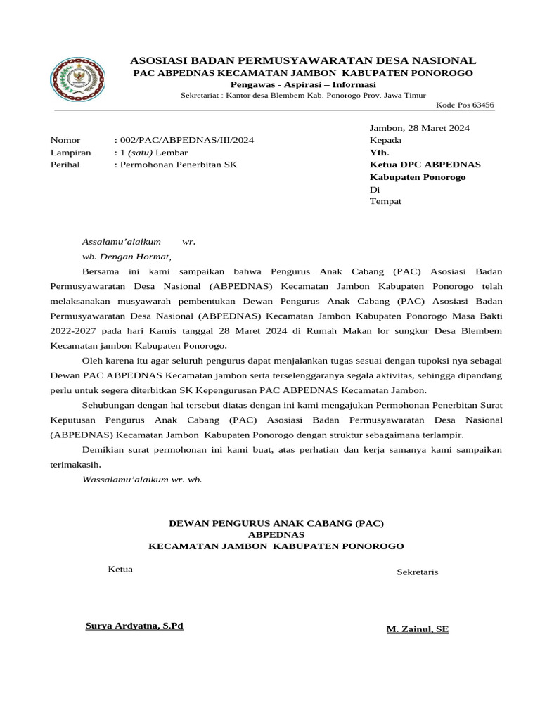 1 Surat Permohonan SK PAW PAC Kec. Jambon 2022-2027 | PDF