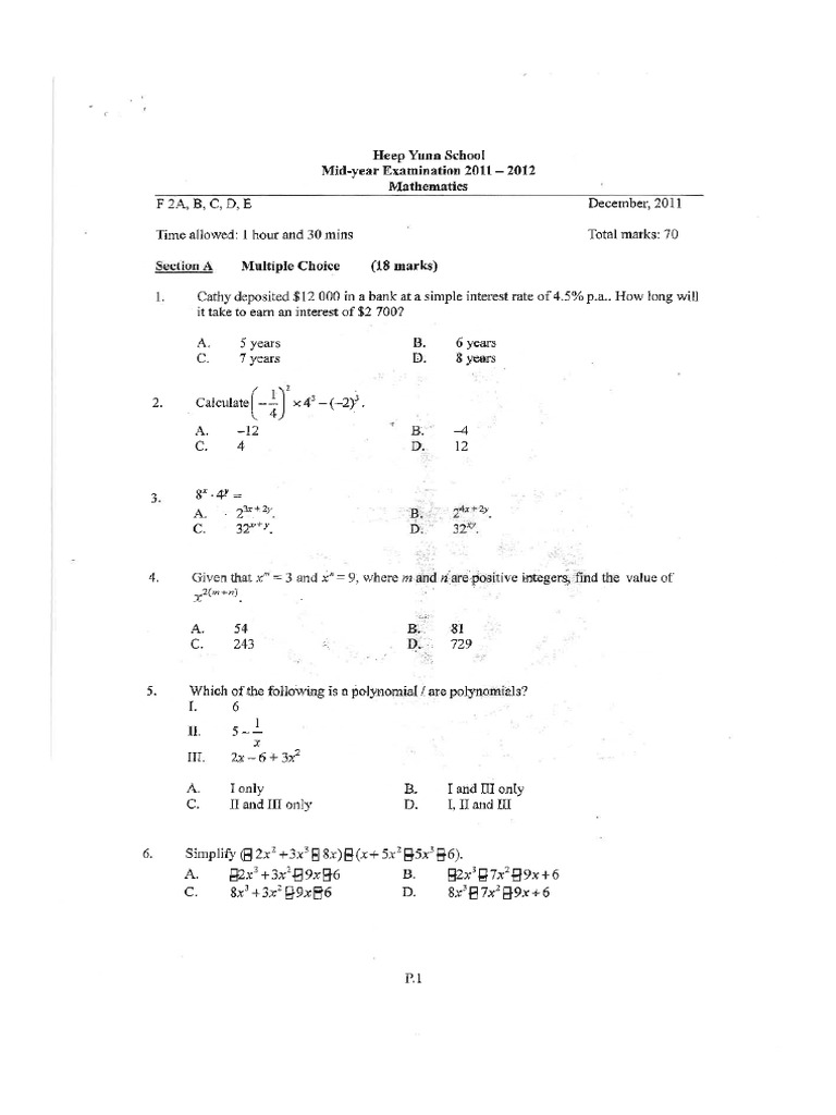 HY F2 Math Mid Term 12-13 12 | PDF