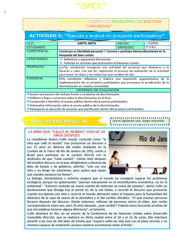 3° DPCC - Ficha de Actividades "Ejecuto y Evaluó Mi Proyecto Participativo".05-Unid.7 2024 | PDF ...