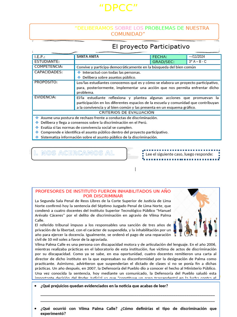 Ficha de Actividad 3° DPCC - "El Proyecto Participativo" | PDF | Discriminación | Estereotipos