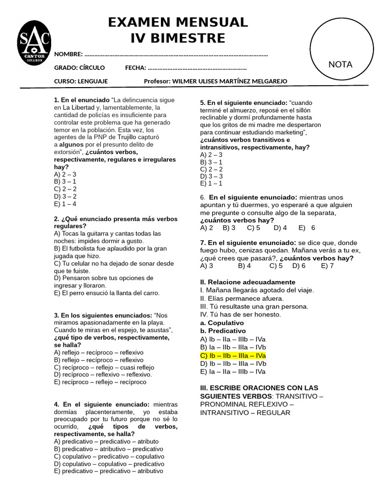 CÍRCULO LENGUAJE - Exa. Mensual. 4to Bimes | PDF | Verbo | Tipología ...