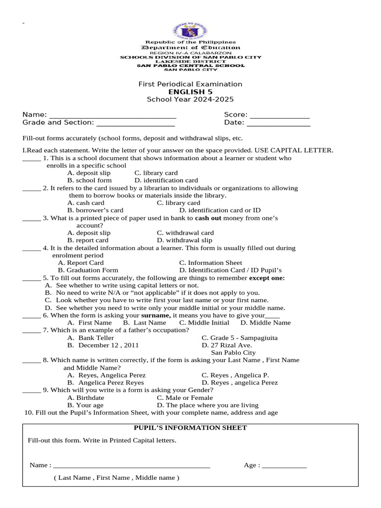 English 5 - Q1 PT 2024-2025 | PDF | Verb | Adverb