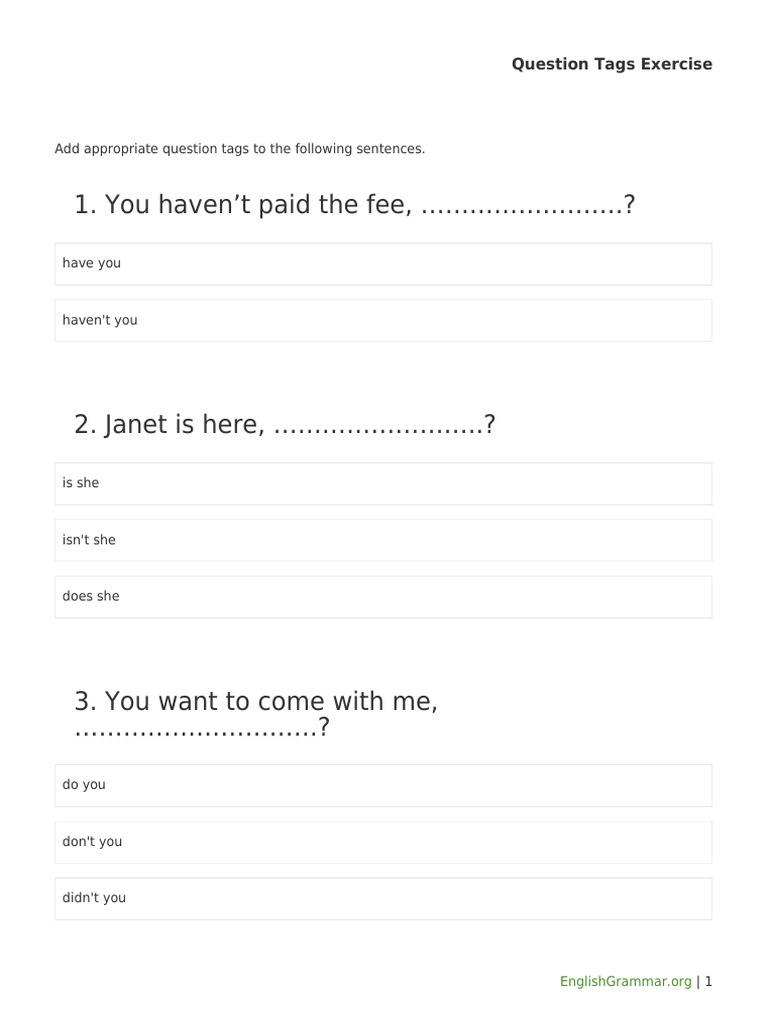 Question Tags Practice Exercise | PDF