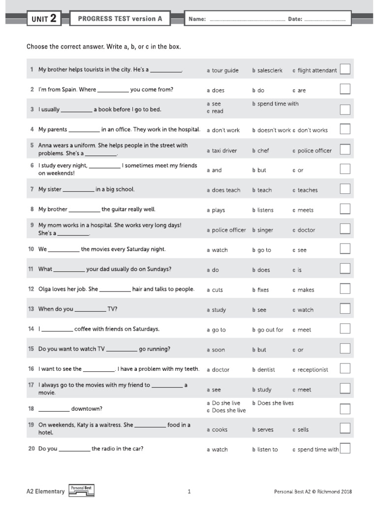 Progress Test Unit 2 A | PDF