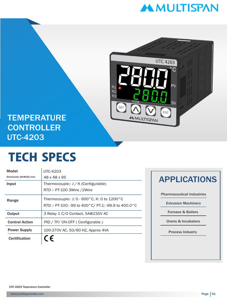 UTC-4203 Temperature Controller Specs | PDF | Thermocouple | Relay