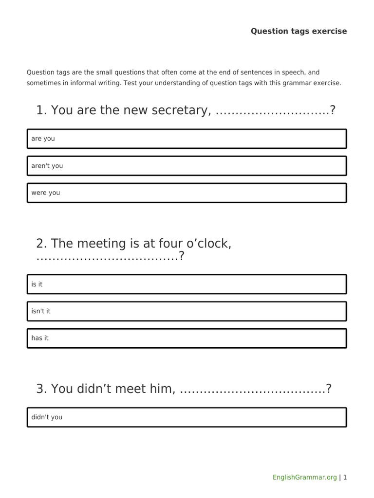 Question Tags Exercise | PDF