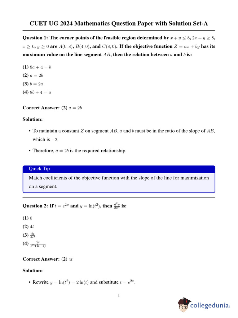 CUET 2024 Mathematics Set A Question Paper With Solution | PDF | Matrix ...