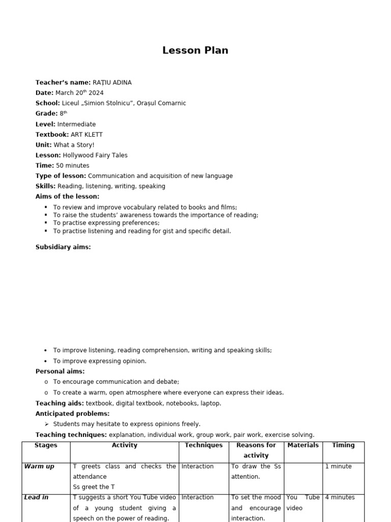 8th Grade Lesson Plan: Hollywood Fairy Tales | PDF | Reading ...