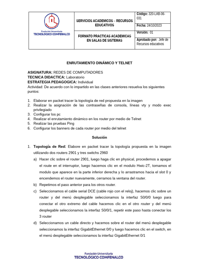 Guia Enrutamiento Dinamico, Config Basica y Telnet | PDF | Enrutador (Computación) | Protocolos ...