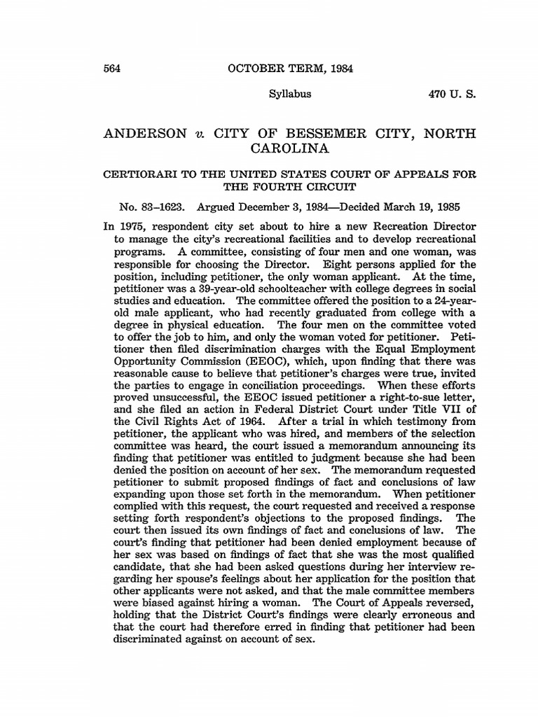 Anderson v. Bessemer City: Title VII Case | PDF | Standard Of Review ...