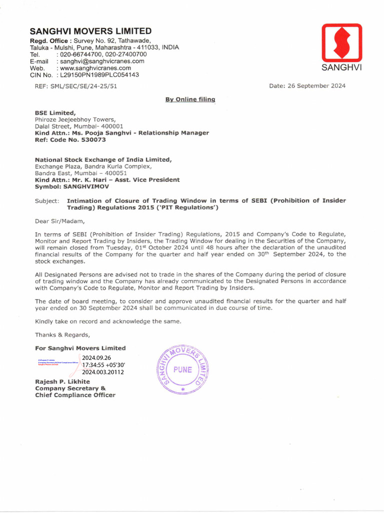 Trading Window Closure Notification | PDF