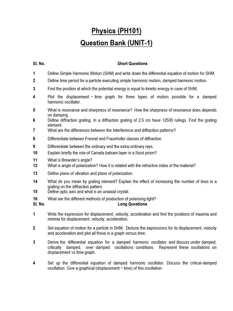 Unit-1 Question Bank | PDF | Diffraction | Oscillation