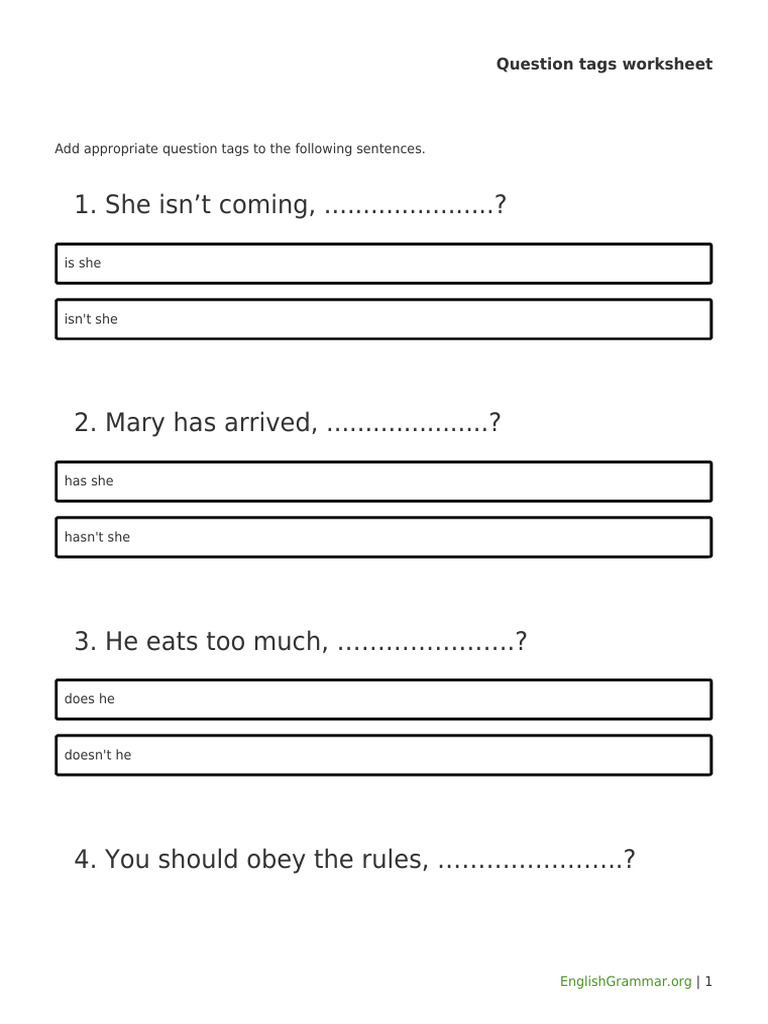 Question Tags Worksheet | PDF