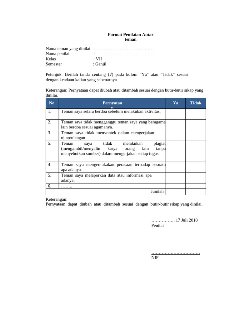 13.format Penilaian Antar Teman RPP 1 | PDF