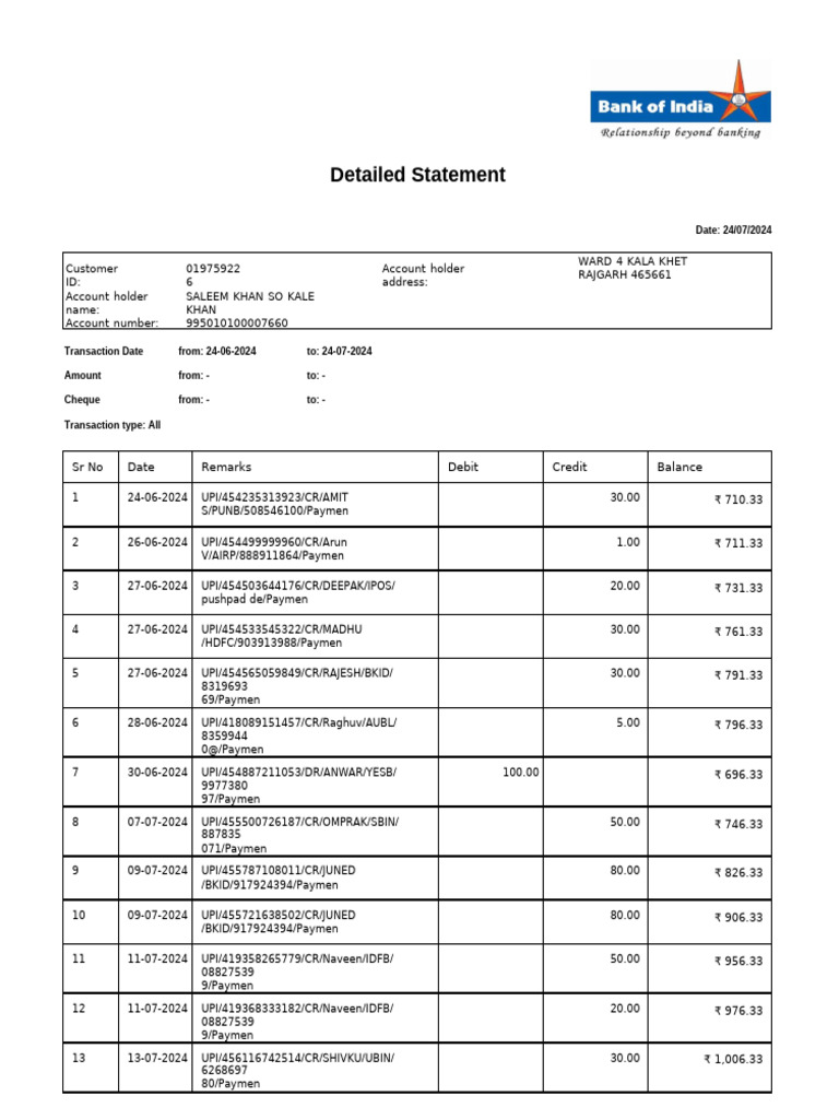 Bank of India Statement 1 | PDF | Payments | Money