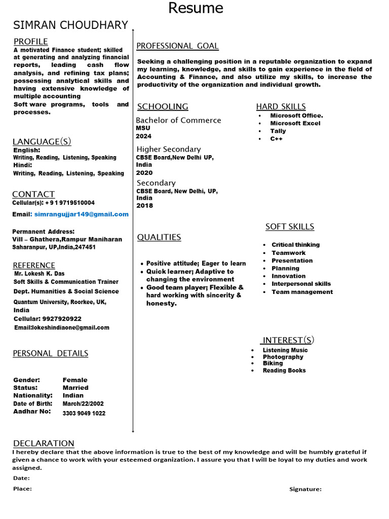 Simmu Resume | PDF | Cognition | Learning