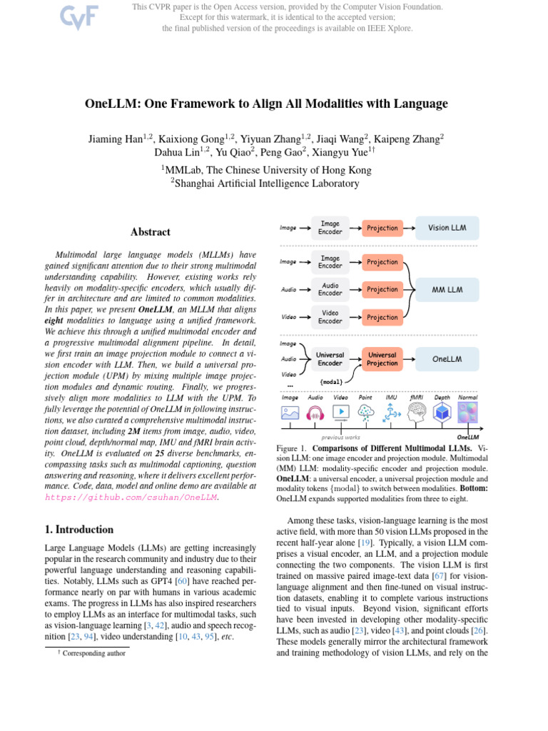 Han OneLLM One Framework To Align All Modalities With Language CVPR 2024 Paper | PDF ...