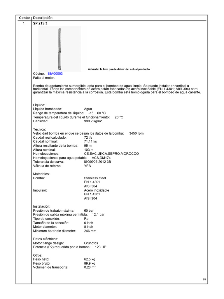 GRUNDFOS SP 215-3 (72 LPS at 95 METROS) | PDF | Bomba | Acero
