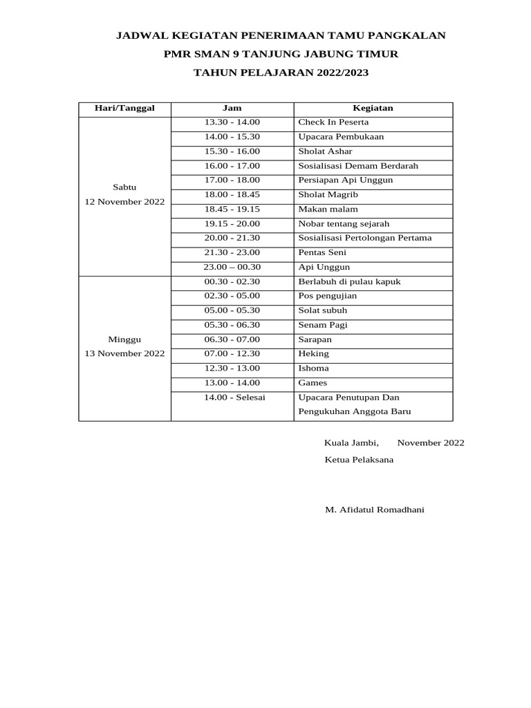 Jadwal Kegiatan PTP 2022-2023 | PDF