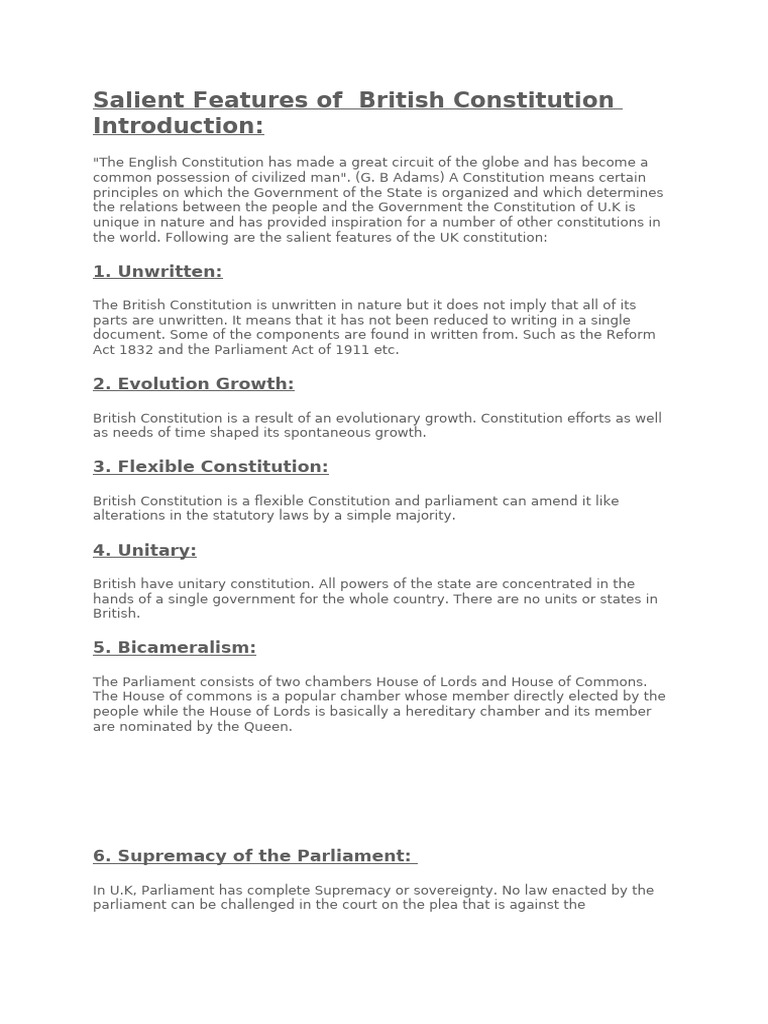 Salient Features of British Constitution Introduction | PDF ...
