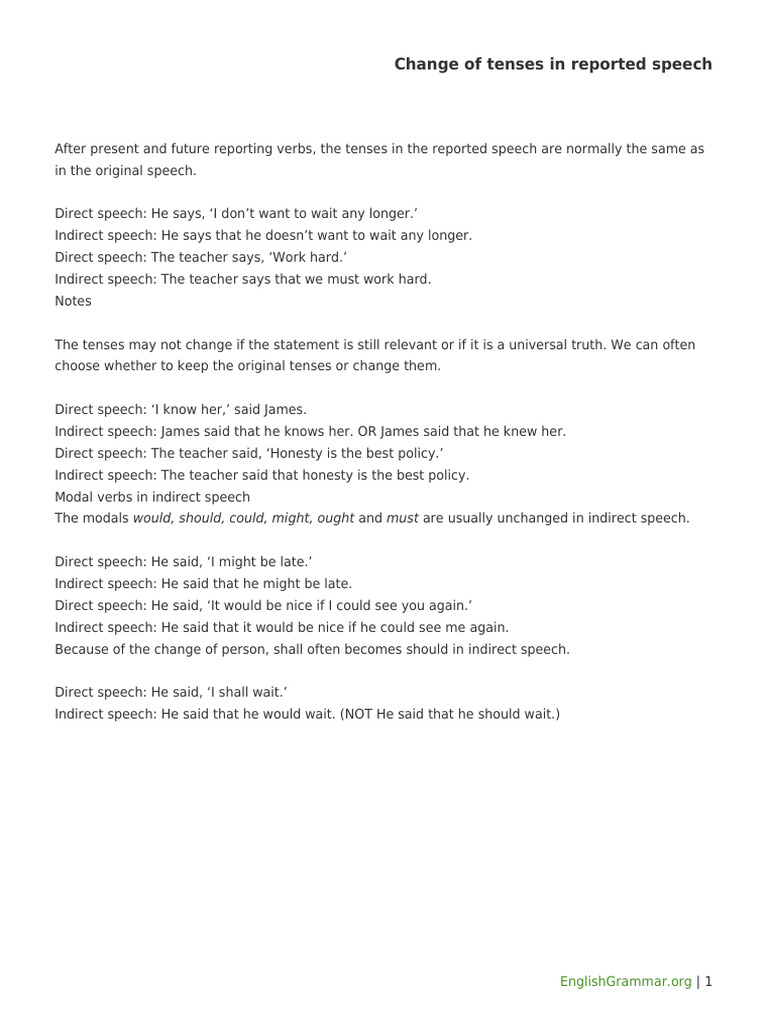 Change of Tenses in Reported Speech | PDF