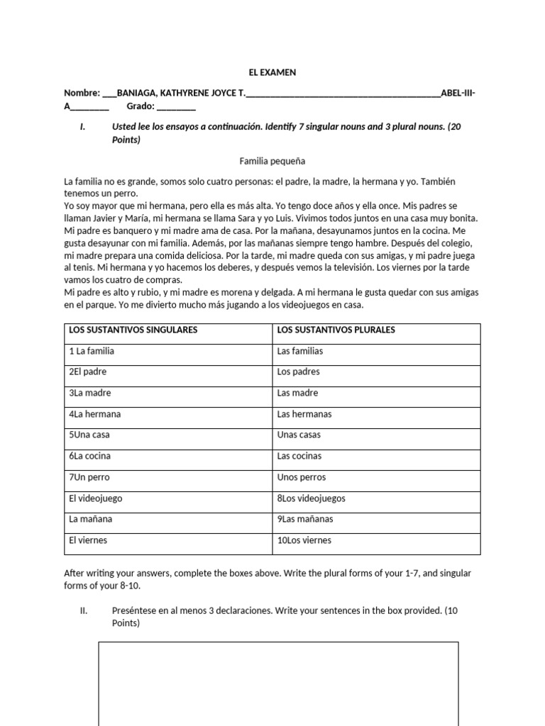 Examen de Sustantivos y Presentación | PDF