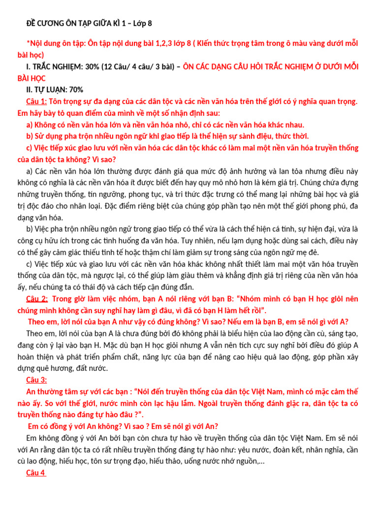 Đề Cương Ôn Tập GK 1 GDCD - Đề | PDF