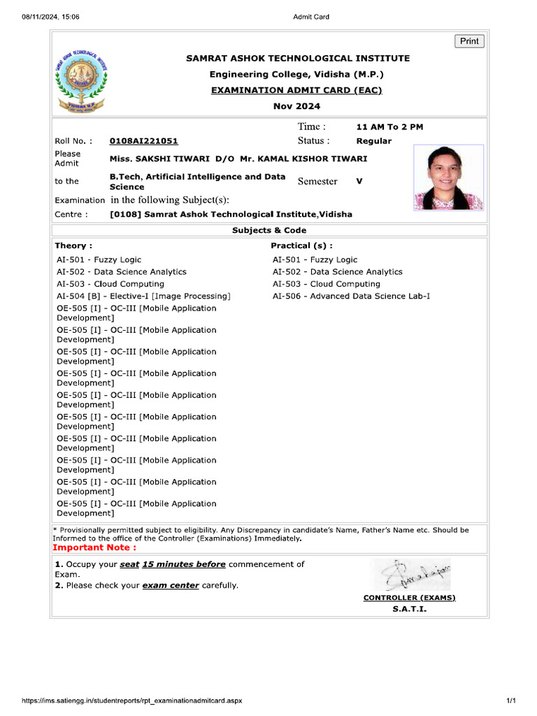 Admit Card 5th Sem | PDF