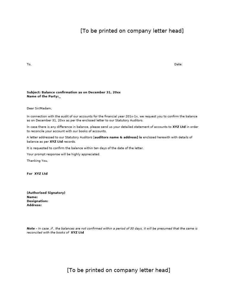Balance Confirmation Letter Template | PDF