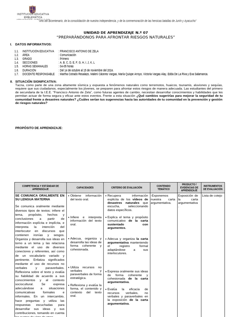 Unidad de Aprendizaje N°07-1ero . | PDF | Aprendizaje | Evaluación