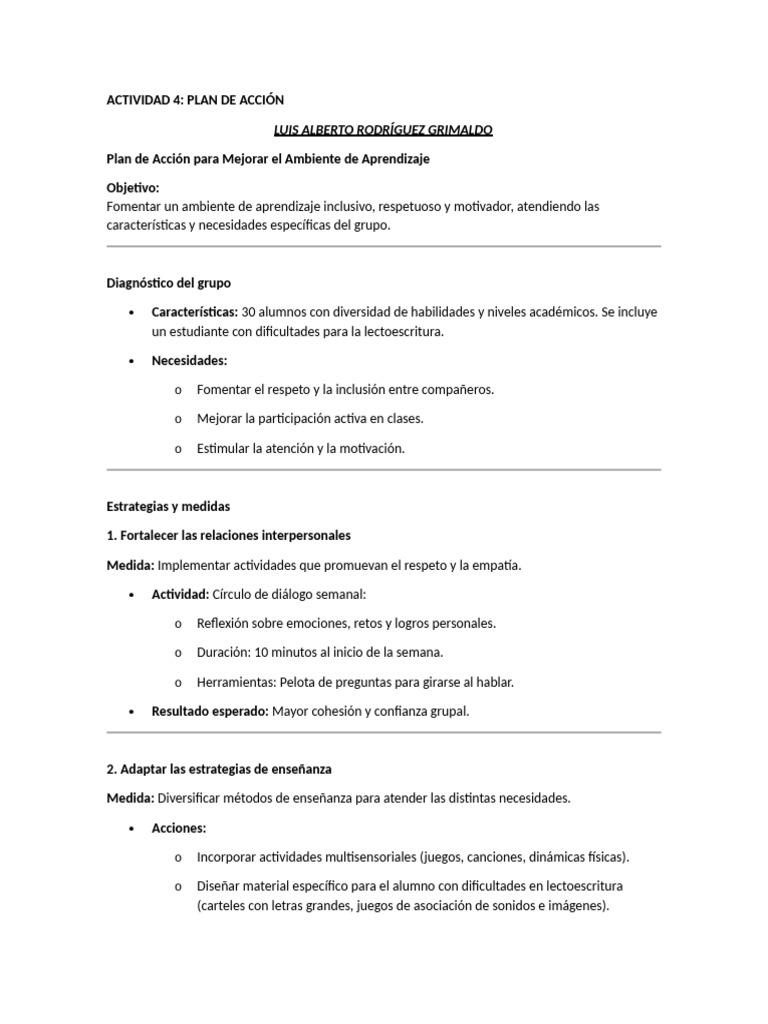 Actividad 4 Plan de Acción | PDF | Salón de clases | Aprendizaje