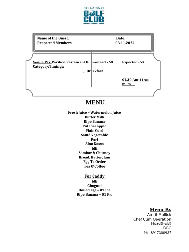 Sunday Breakfast Menu at BGC On Dt.03.11.24 | PDF