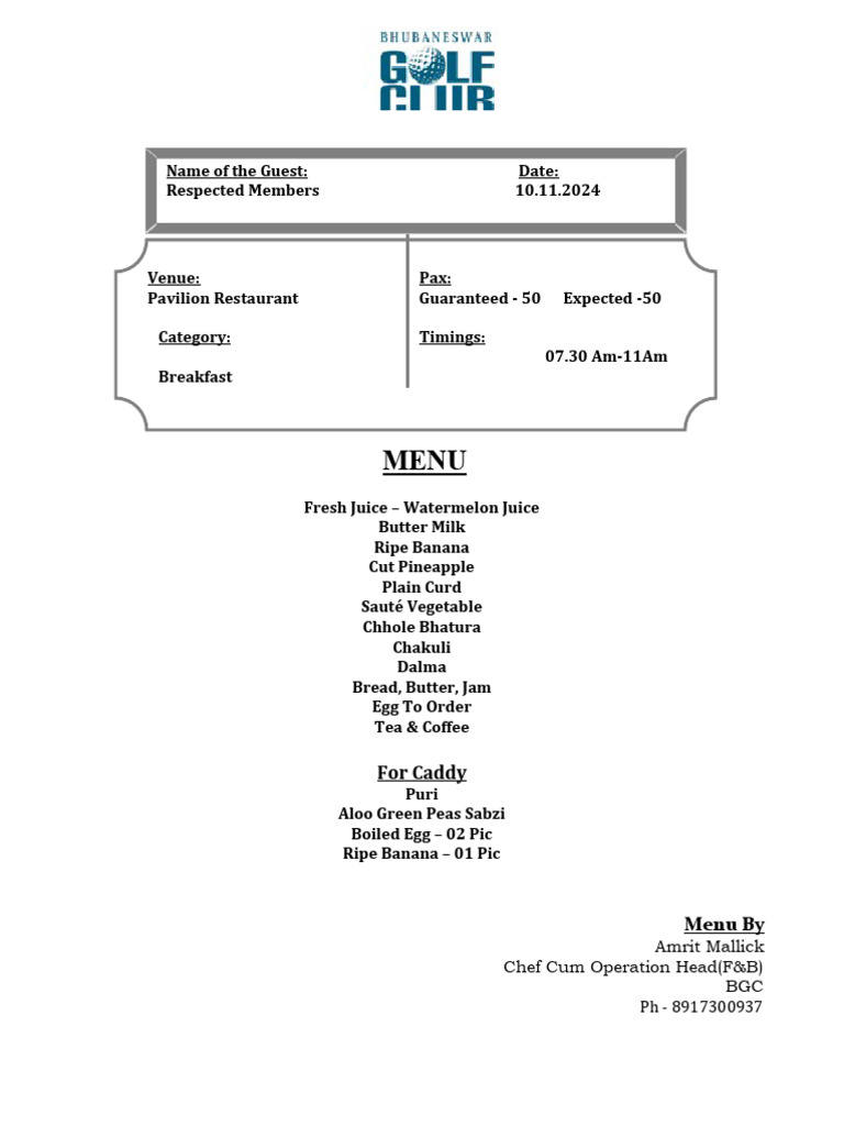 Sunday Breakfast Menu at BGC On Dt.10.11.24 | PDF