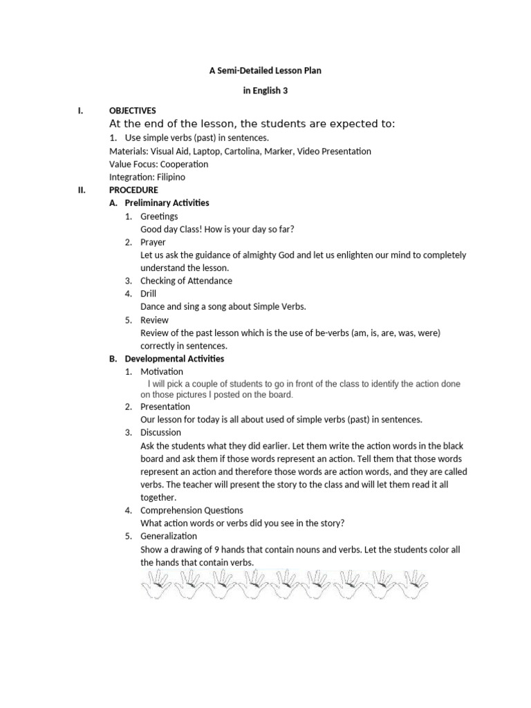 Semi-Detailed Lesson Plan in English Tstrat 5 | PDF | Teachers | Verb
