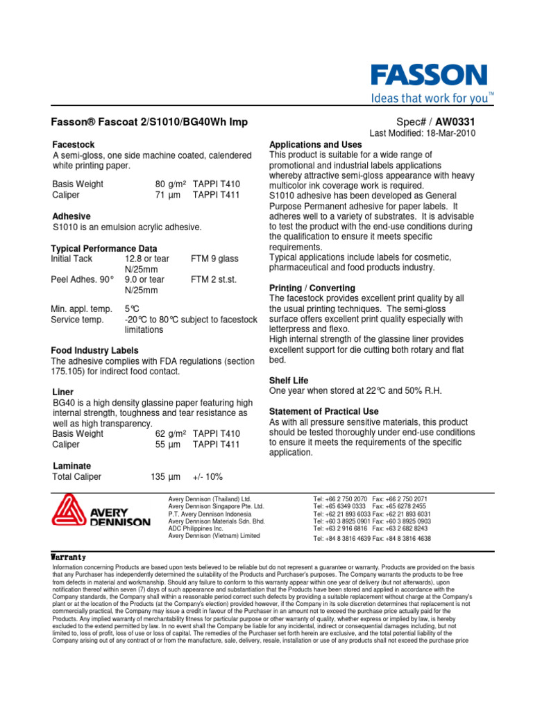 Fasson - Fascoat 2 - S1010 - BG40Wh I-AW0331 | PDF | Adhesive | Legal ...