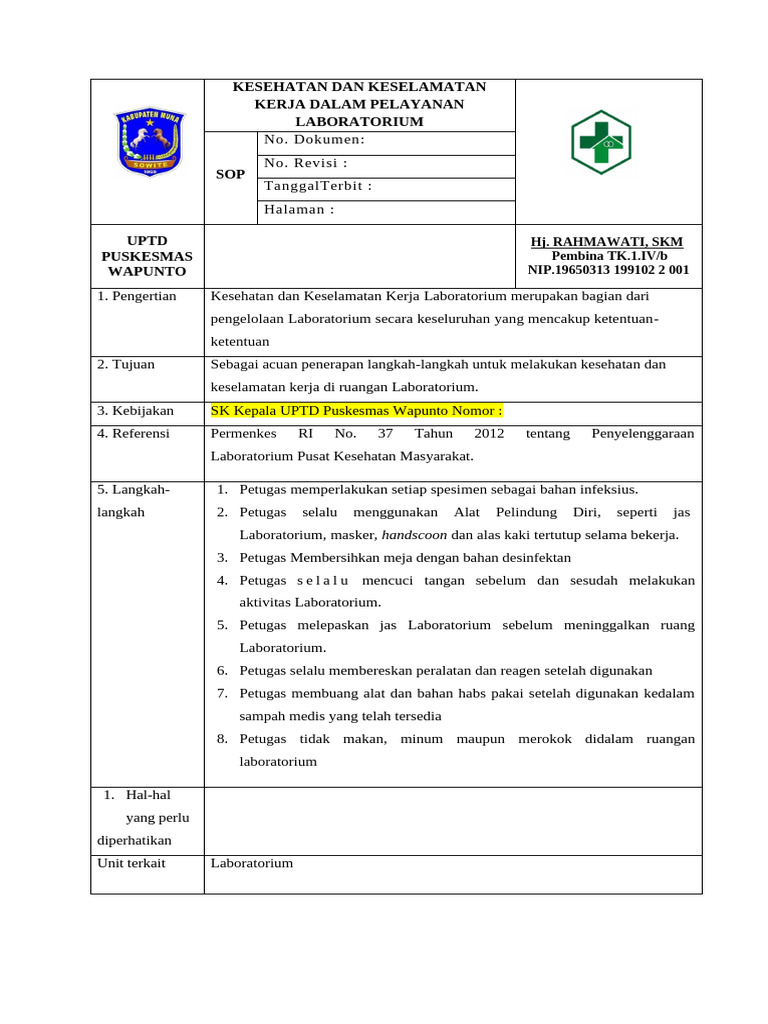 Sop Kesehatan Dan Keselamatan Kerja Dalam Pelayanan Lab | PDF