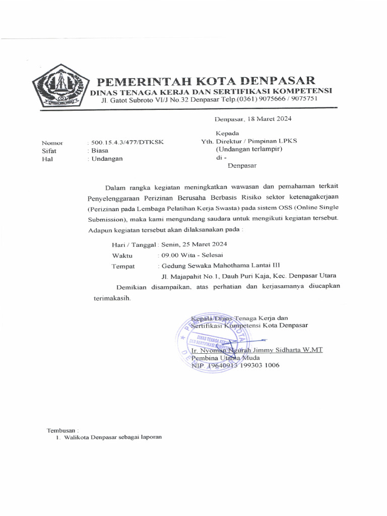 Surat Undangan Sosialisasi OSS | PDF