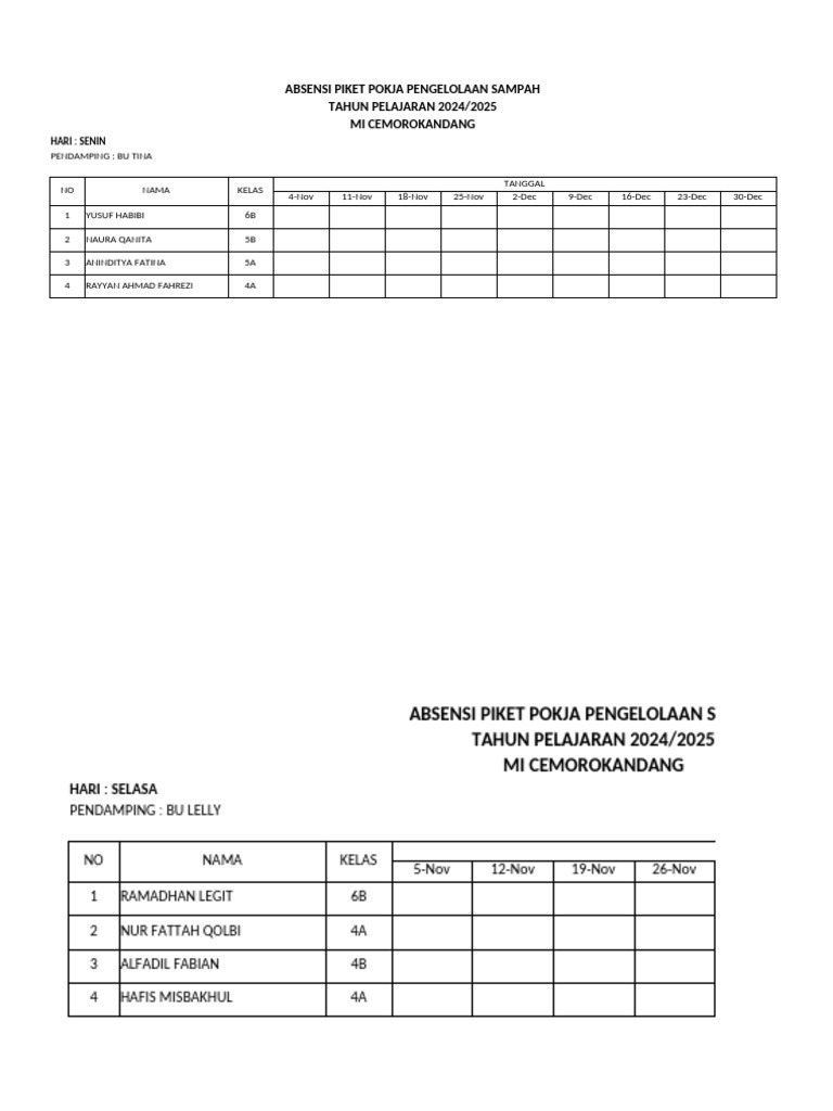 Absensi Piket Pengelolaan Sampah 2024/2025 | PDF