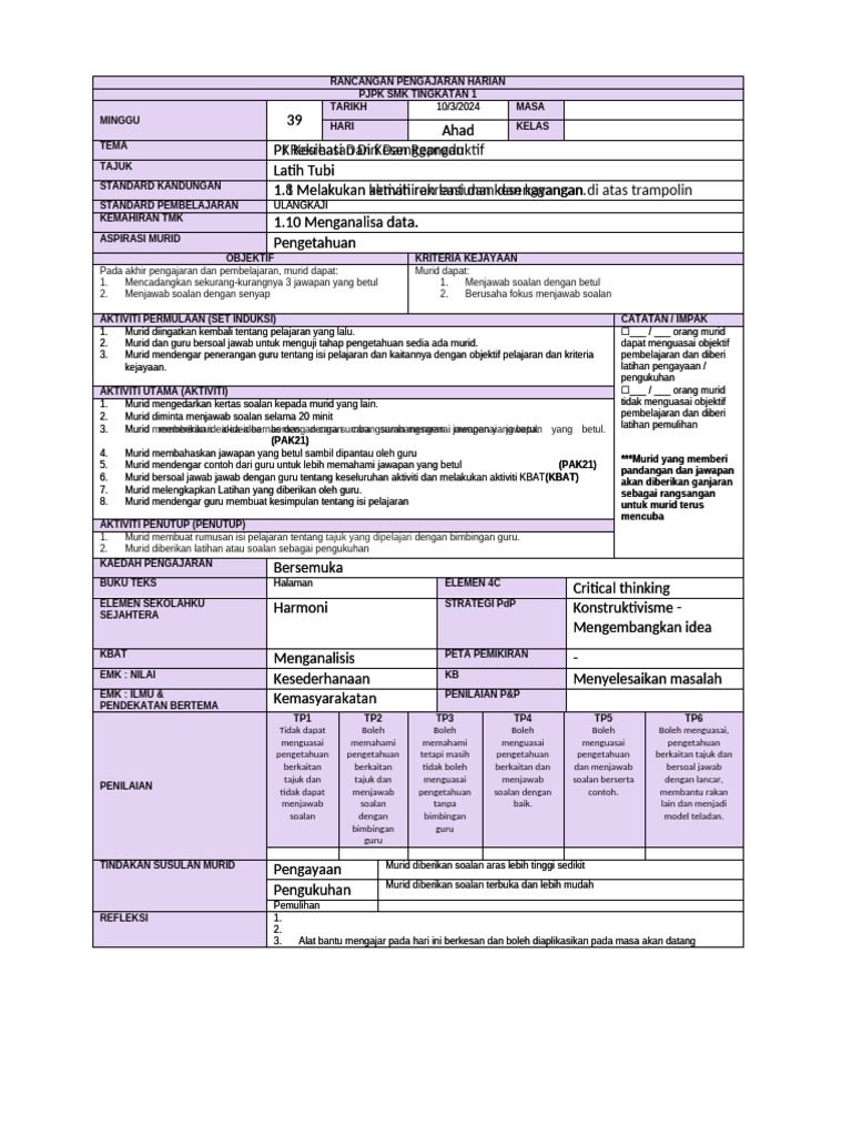 RPH SMK Minggu 39 PJPK Tingkatan 1 2024 2025 by Cikgu Gorgeous | PDF