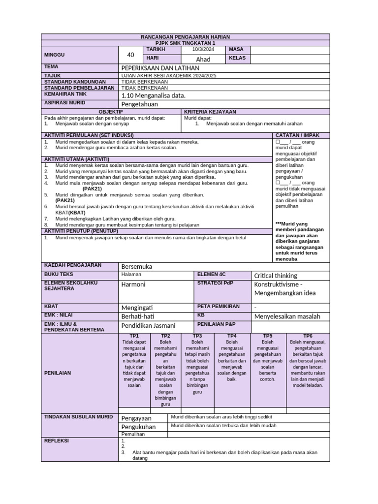 RPH SMK Minggu 40 PJPK Tingkatan 1 2024 2025 by Cikgu Gorgeous | PDF