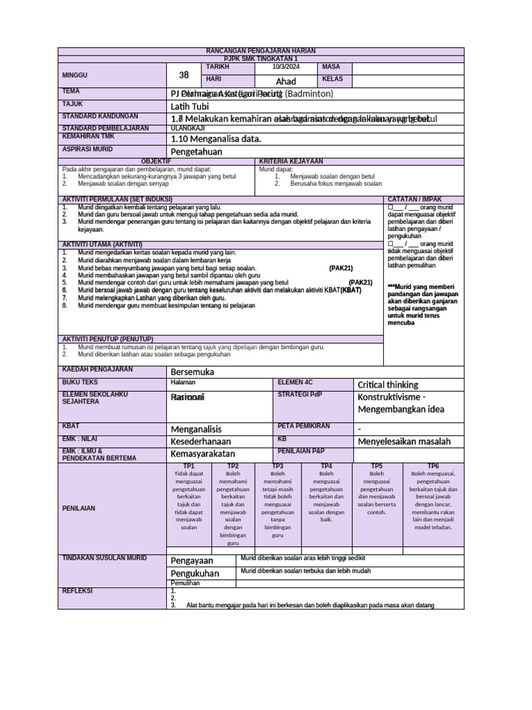 RPH SMK Minggu 38 PJPK Tingkatan 1 2024 2025 by Cikgu Gorgeous | PDF