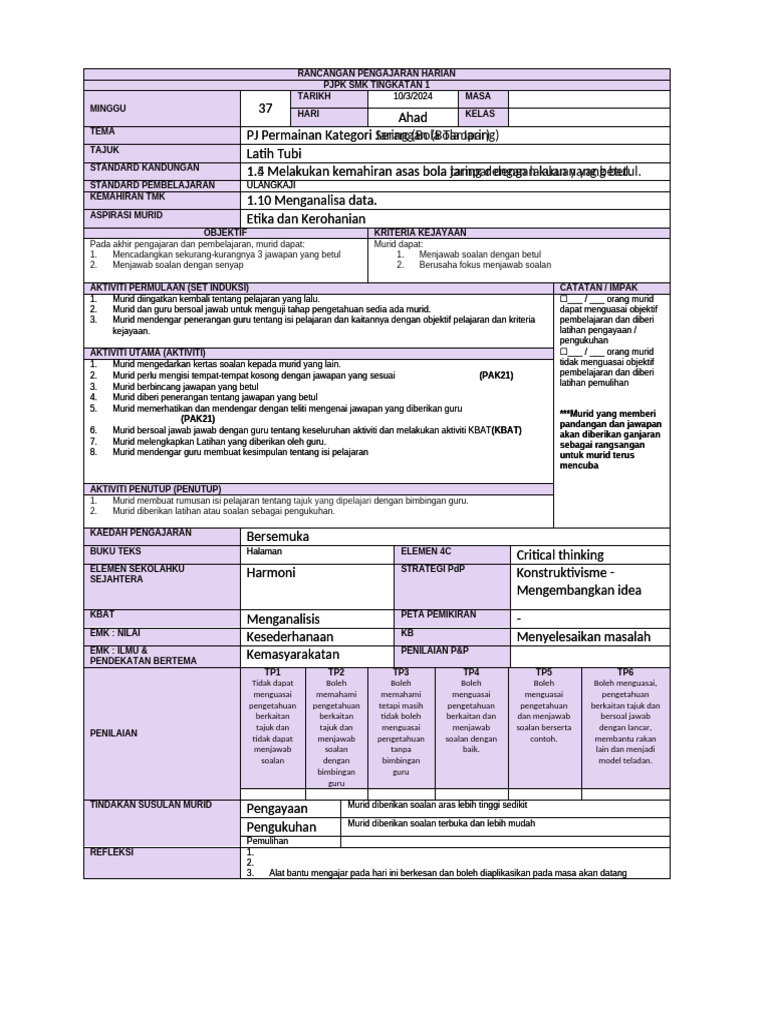 RPH SMK Minggu 37 PJPK Tingkatan 1 2024 2025 by Cikgu Gorgeous | PDF