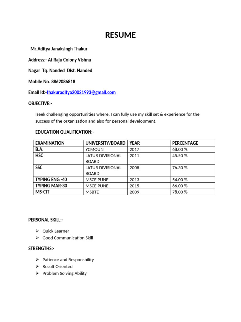 Aditya Thakur Resume Summary | PDF