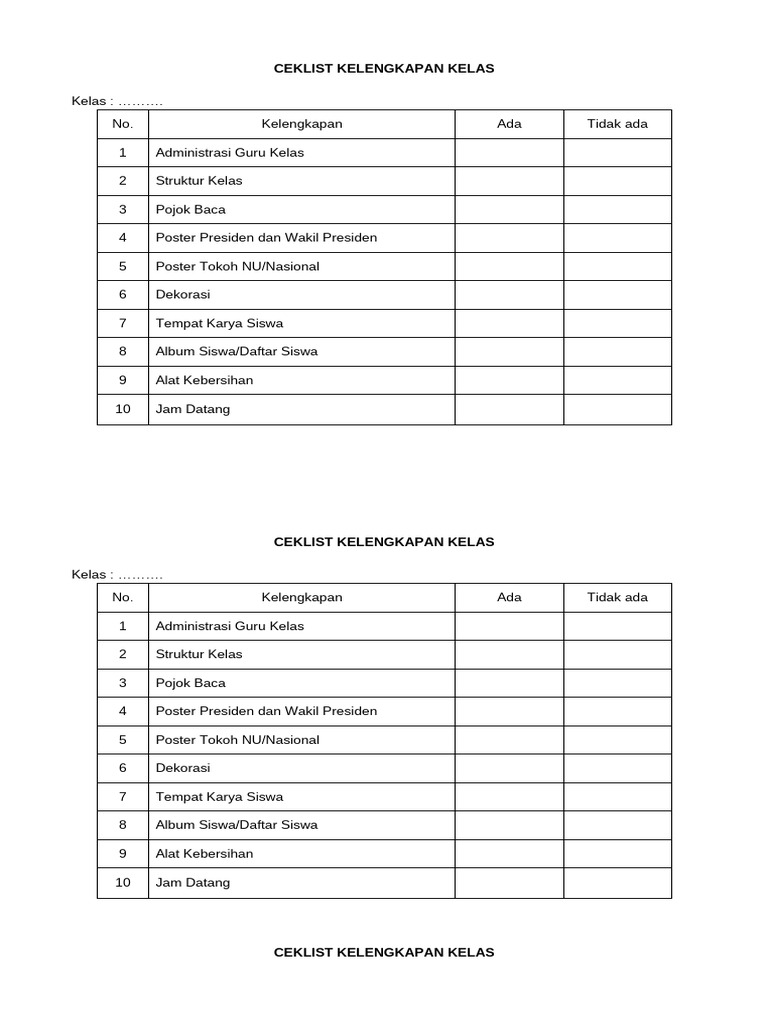 Ceklist Kelengkapan Kelas | PDF